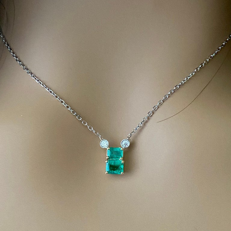 Double Decker Layered Emerald and Round Diamond Gold Pendant Necklace ...