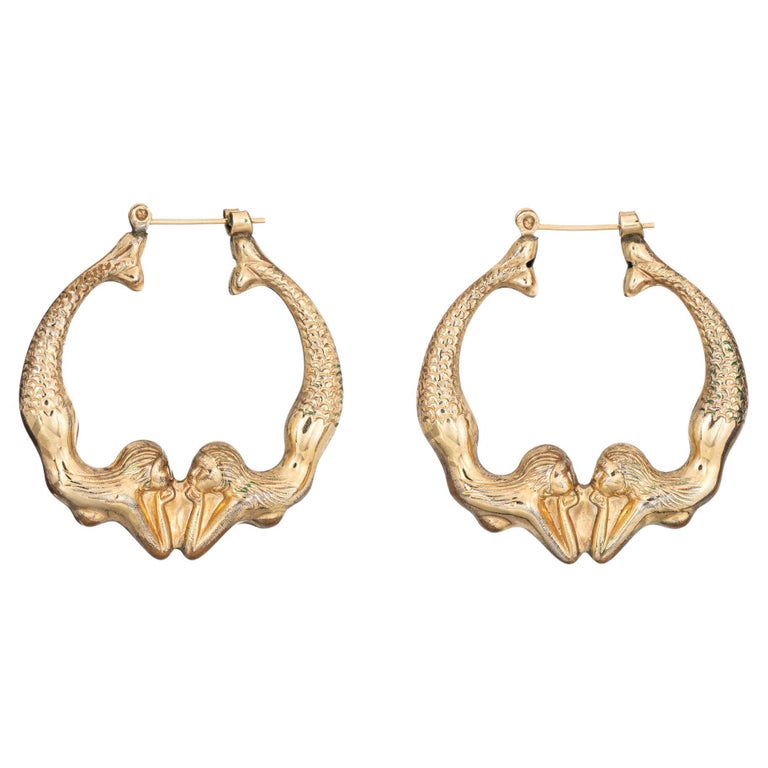 Double Mermaid Hoop Earrings 1.25" Vintage 14k Yellow Gold Estate Fine ...