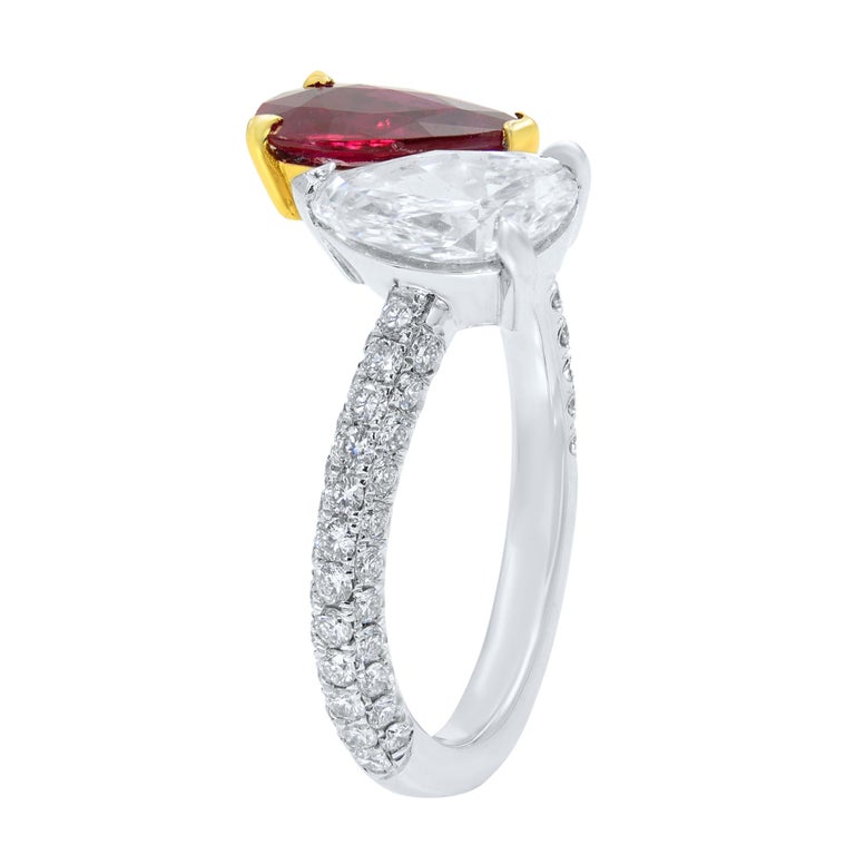 Double Pear Shape Ruby and Diamond Cross Over Handmade Ring Platinum ...