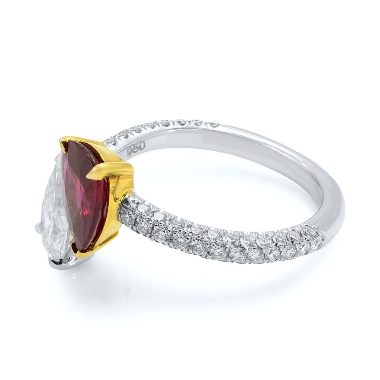 Double Pear Shape Ruby and Diamond Cross Over Handmade Ring Platinum For Sale at 1stDibs