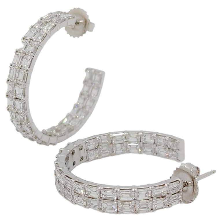 Double Row Emerald Cut Diamond Hoop Earrings in 18k White Gold For Sale ...