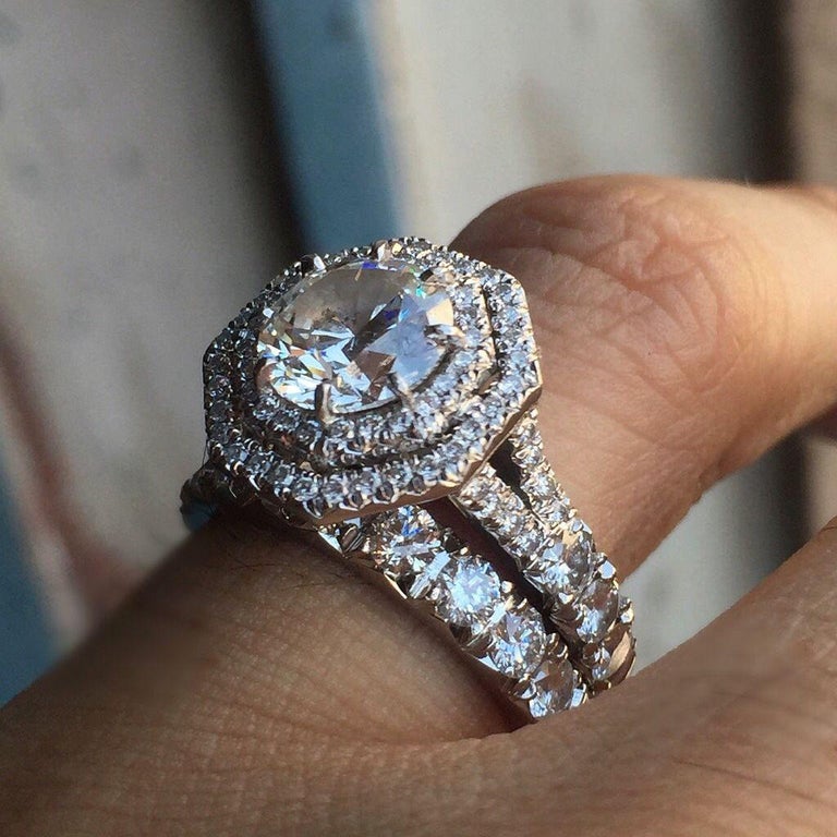 Double Row Hexagonal Halo, Round Centre Diamond Engagement Ring, Pave ...