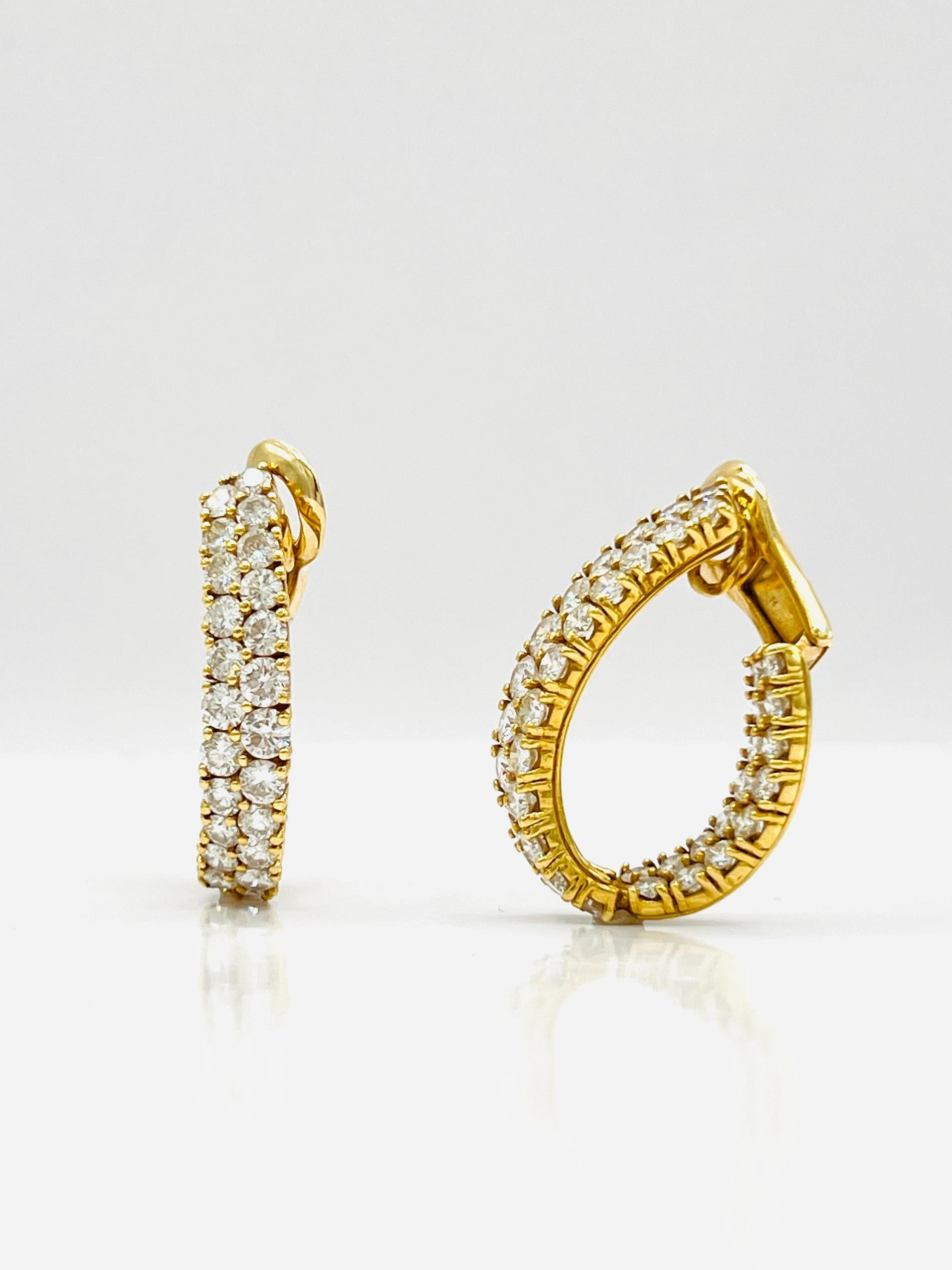 Double Row White Diamond Hoop Earrings in 18K Yellow Gold For Sale at ...