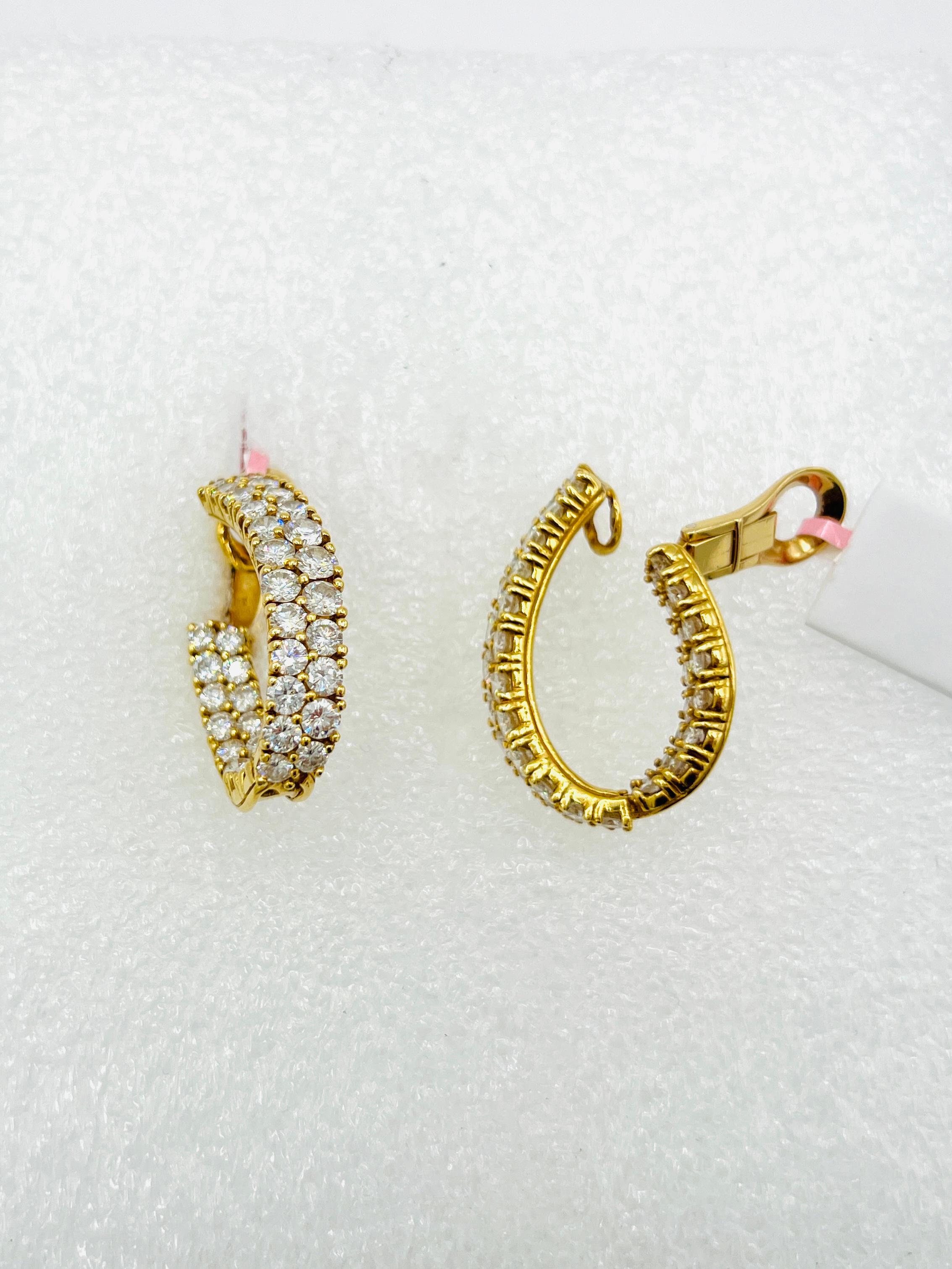 Double Row White Diamond Hoop Earrings in 18K Yellow Gold For Sale at ...