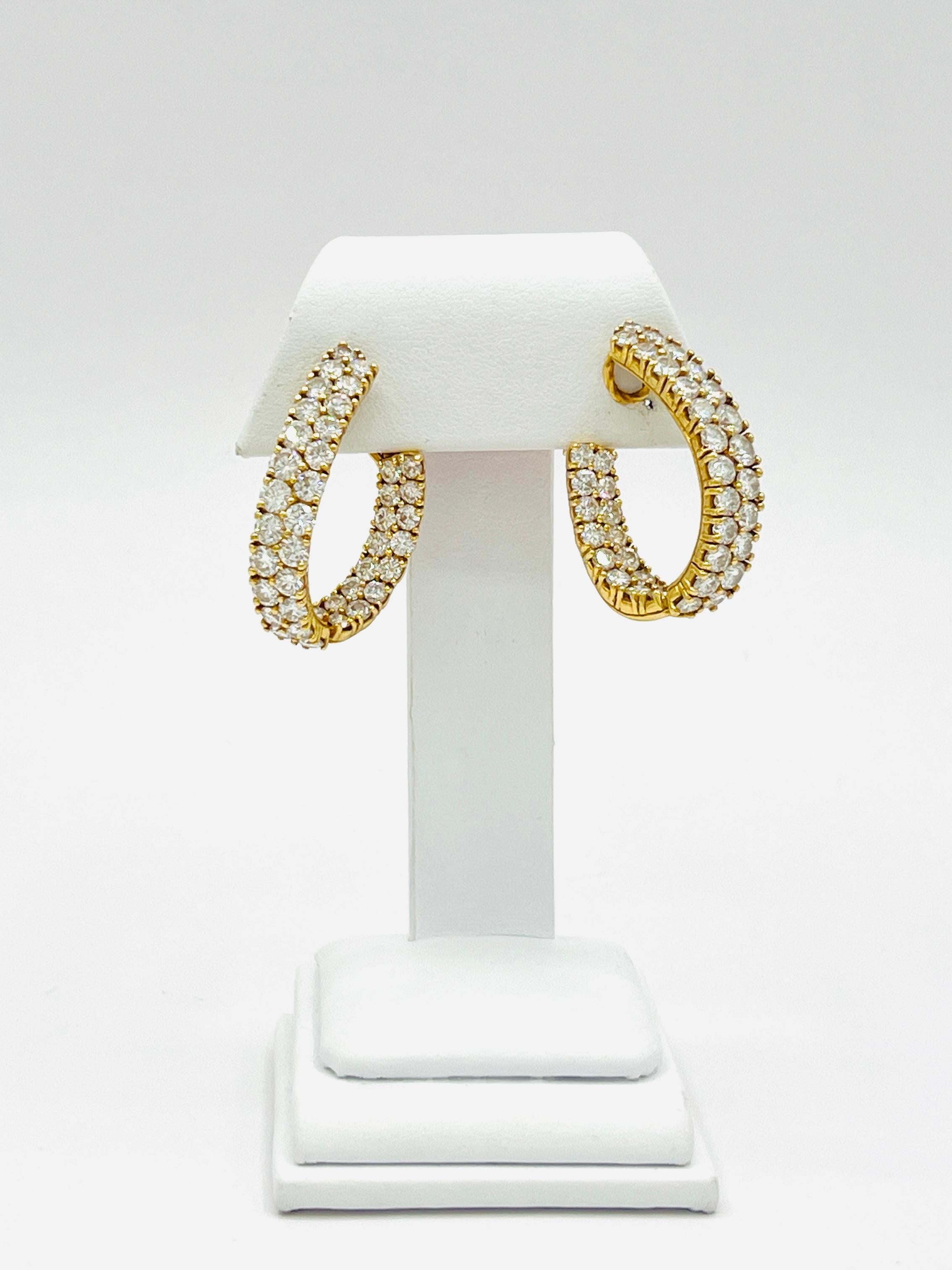 Double Row White Diamond Hoop Earrings in 18K Yellow Gold For Sale at ...