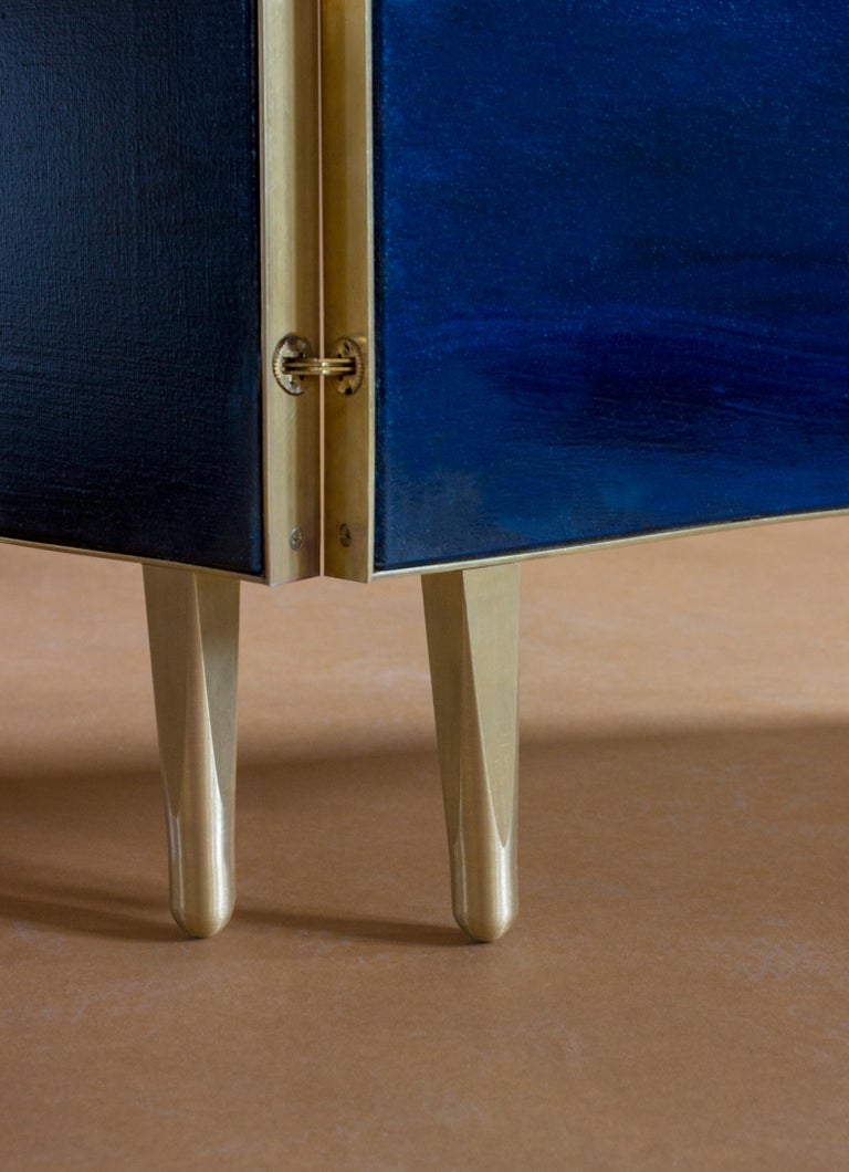 Double Sided and Hand Painted Oil on Canvas Three-Panel Brass Framed ...