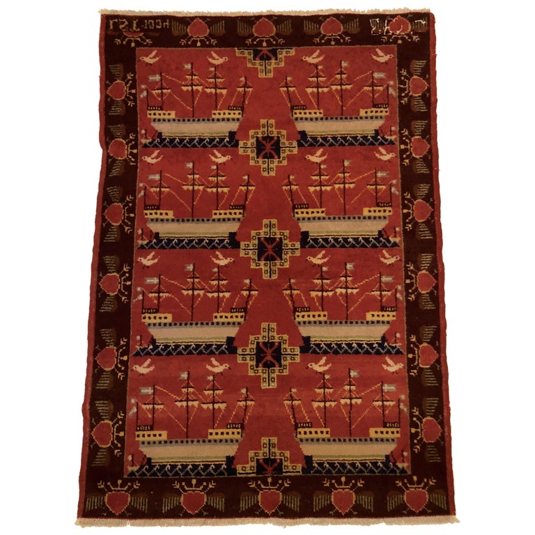 Double Sided Carpet from Scandinavia with Ships and Seagulls For Sale ...