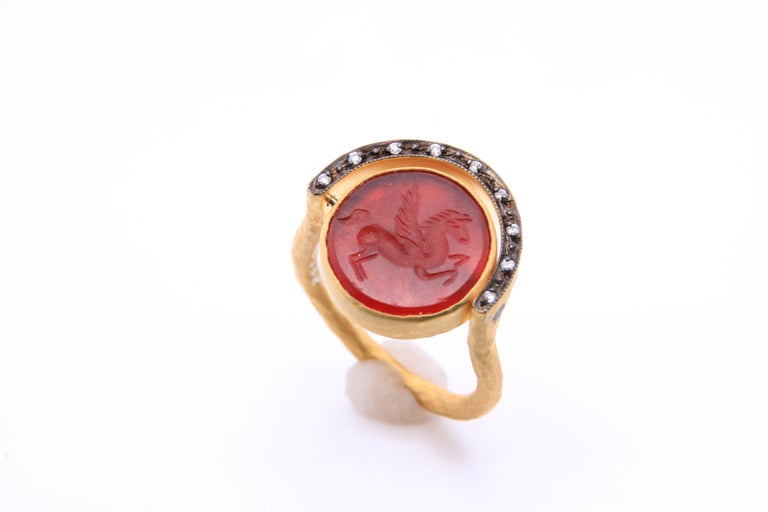 Double Sided Ring with Carved Agate Pegasus and Byzantine Coin Fragment ...