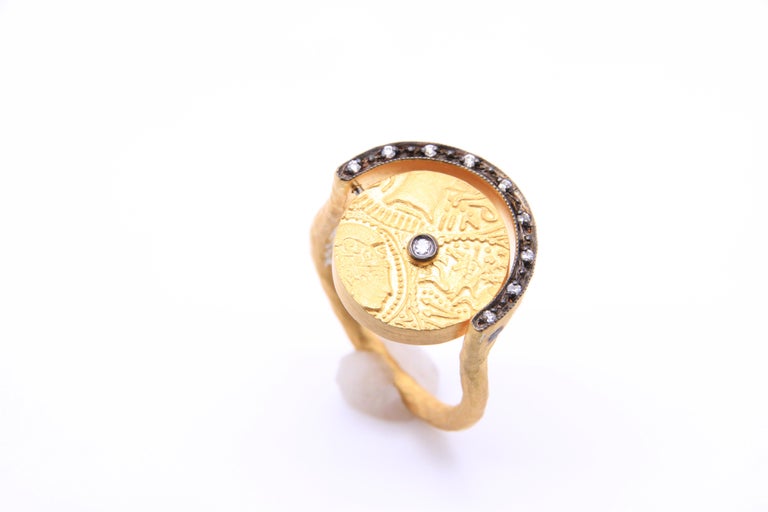 Double Sided Ring with Carved Agate Pegasus and Byzantine Coin Fragment ...