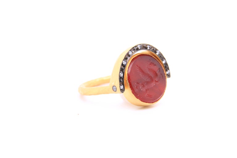Double Sided Ring with Carved Agate Pegasus and Byzantine Coin Fragment ...