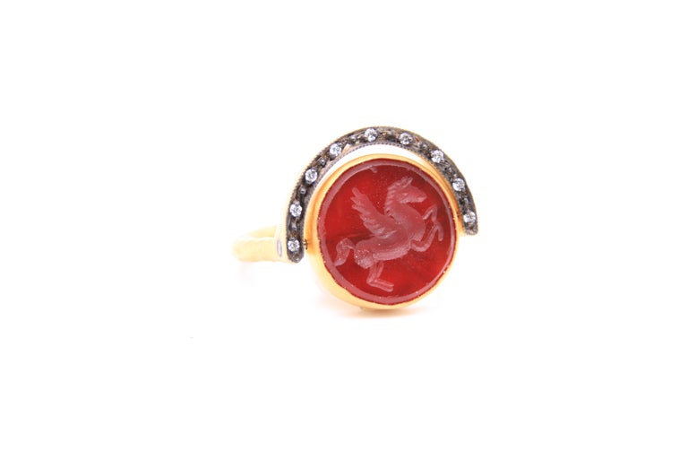 Double Sided Ring with Carved Agate Pegasus and Byzantine Coin Fragment ...