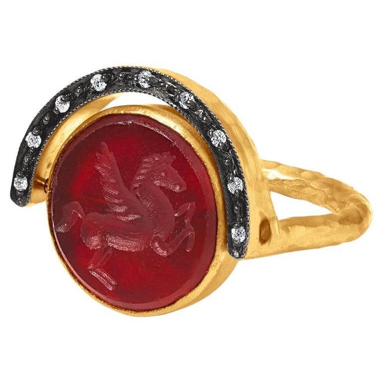 Double Sided Ring with Carved Agate Pegasus and Byzantine Coin Fragment ...