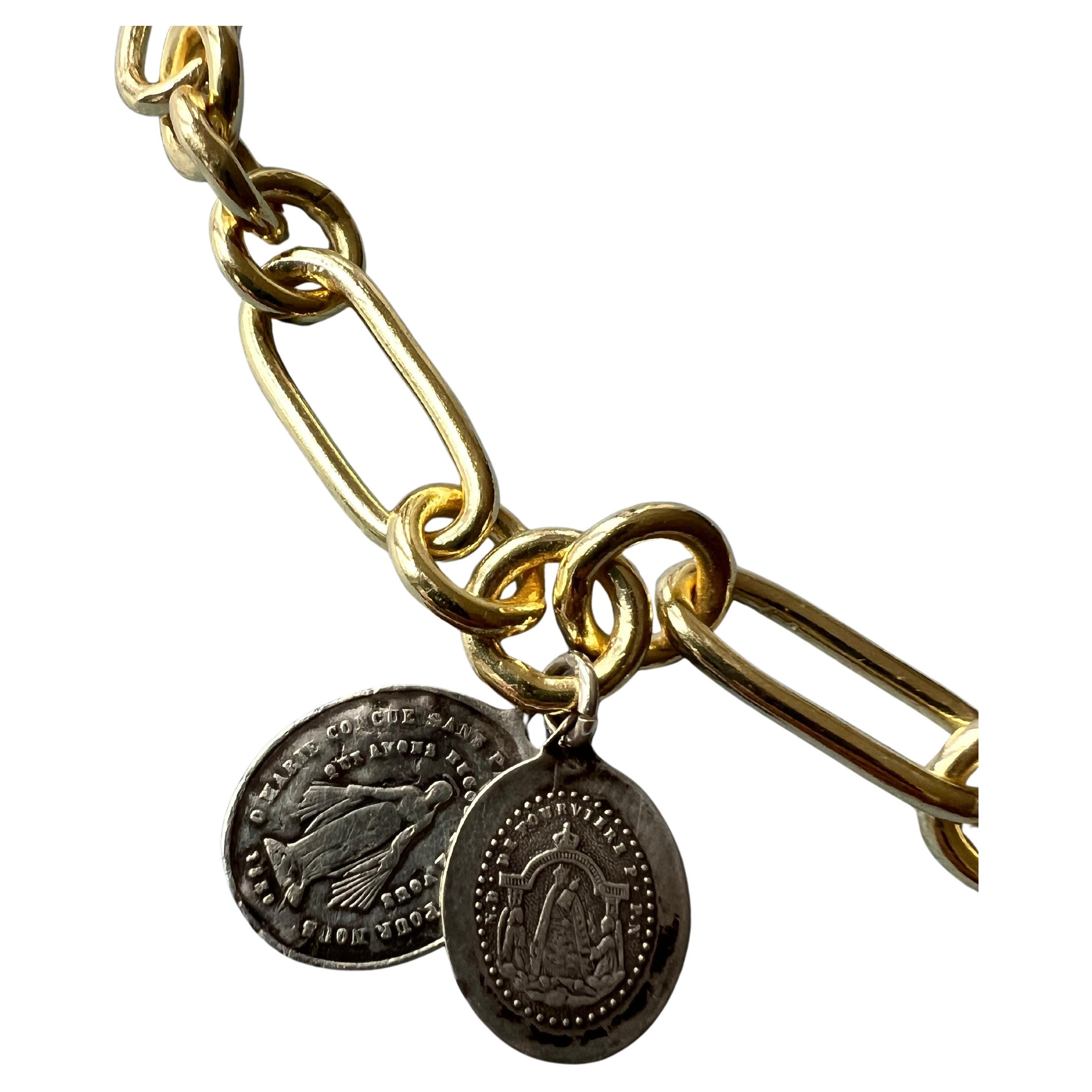 Double Silver Medal Chain Necklace Choker Religious For Sale at 1stDibs