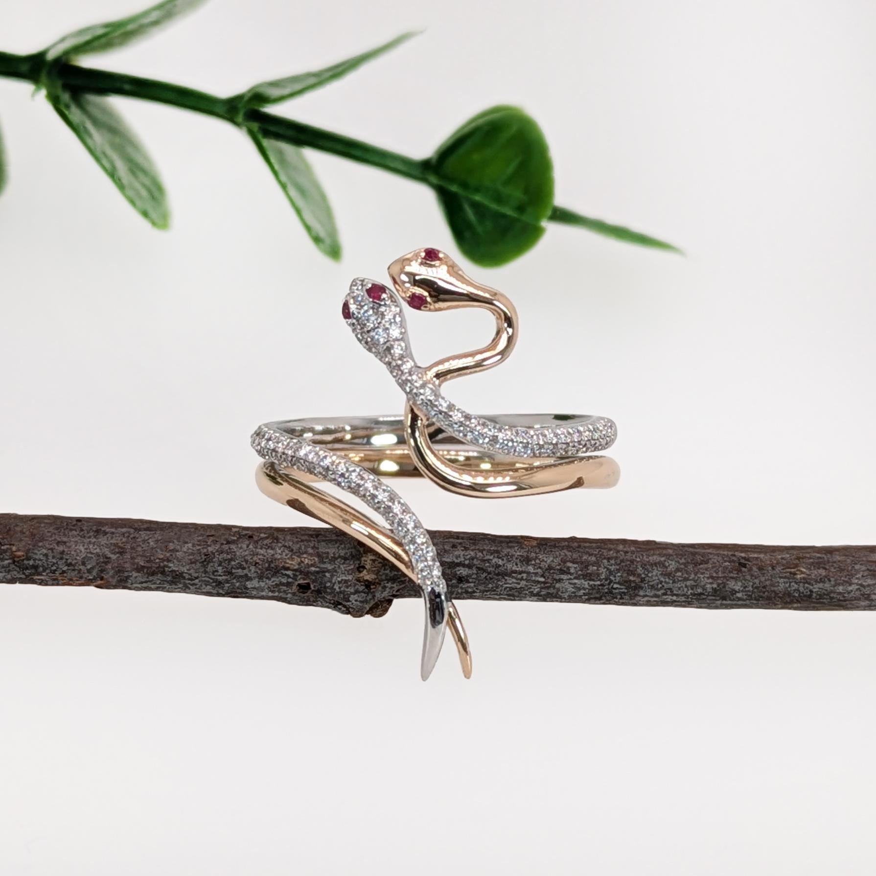 Double Snake Ring w Ruby and Diamond Accents in 14K Dual Yellow and White Gold For Sale at 1stDibs