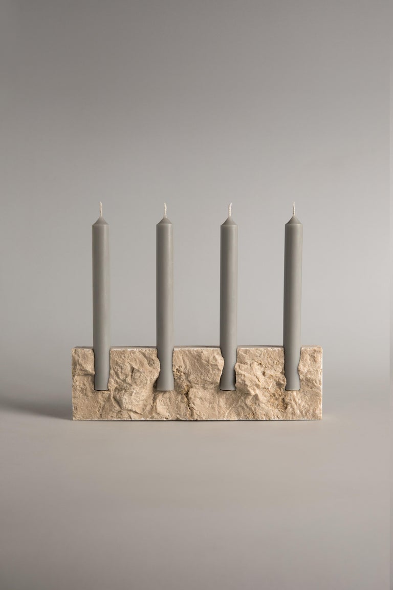 Double Snug Candleholder in 'Raw' Bone White Travertine by Sanna Völker ...