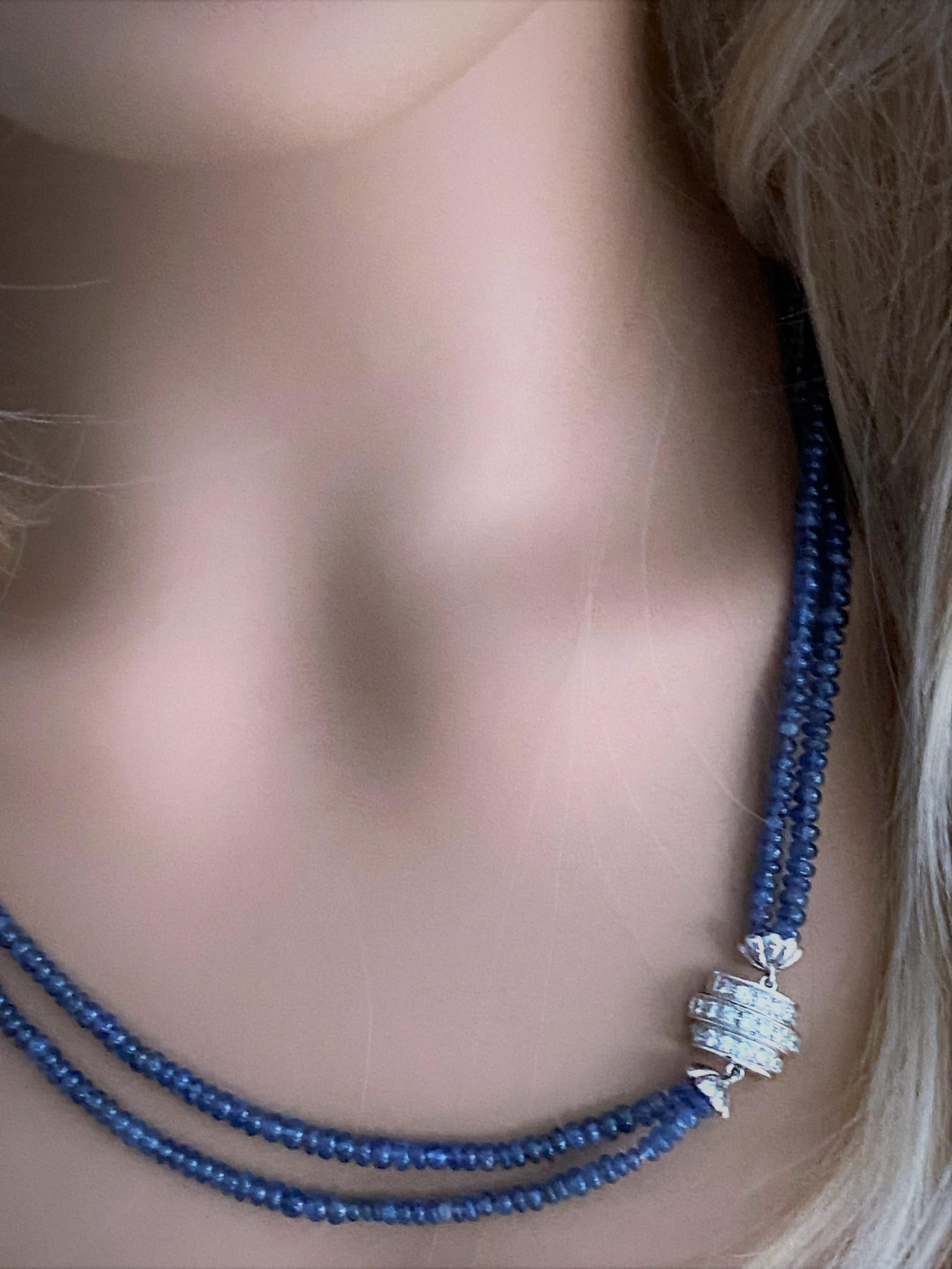 Double Stand Graduating Sapphire Bead Necklace with Platinum Diamond ...