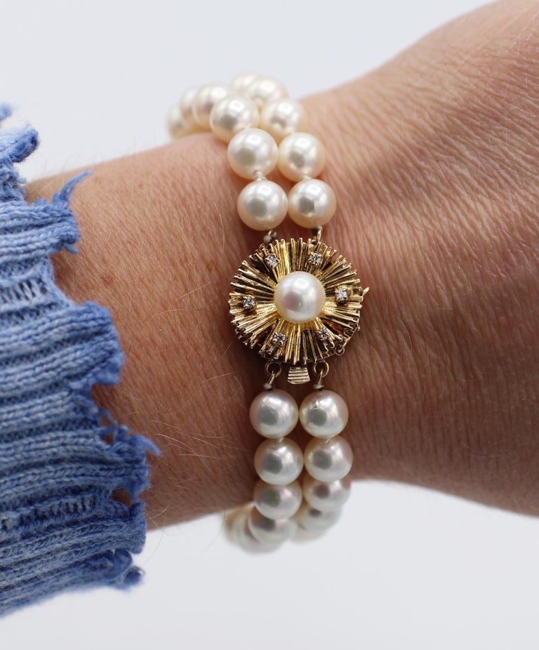 Double Strand Cultured Pearl Bracelet with Diamond and Gold Clasp For ...