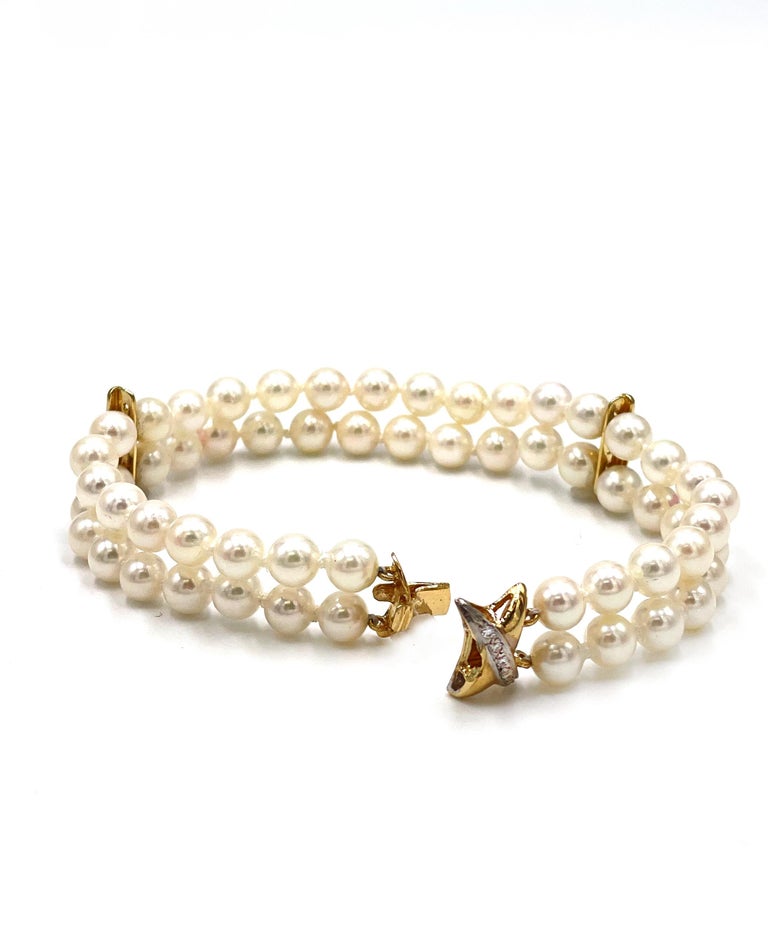 Double Strand Cultured Pearl Bracelet with 14K Yellow Gold X Clasp with ...