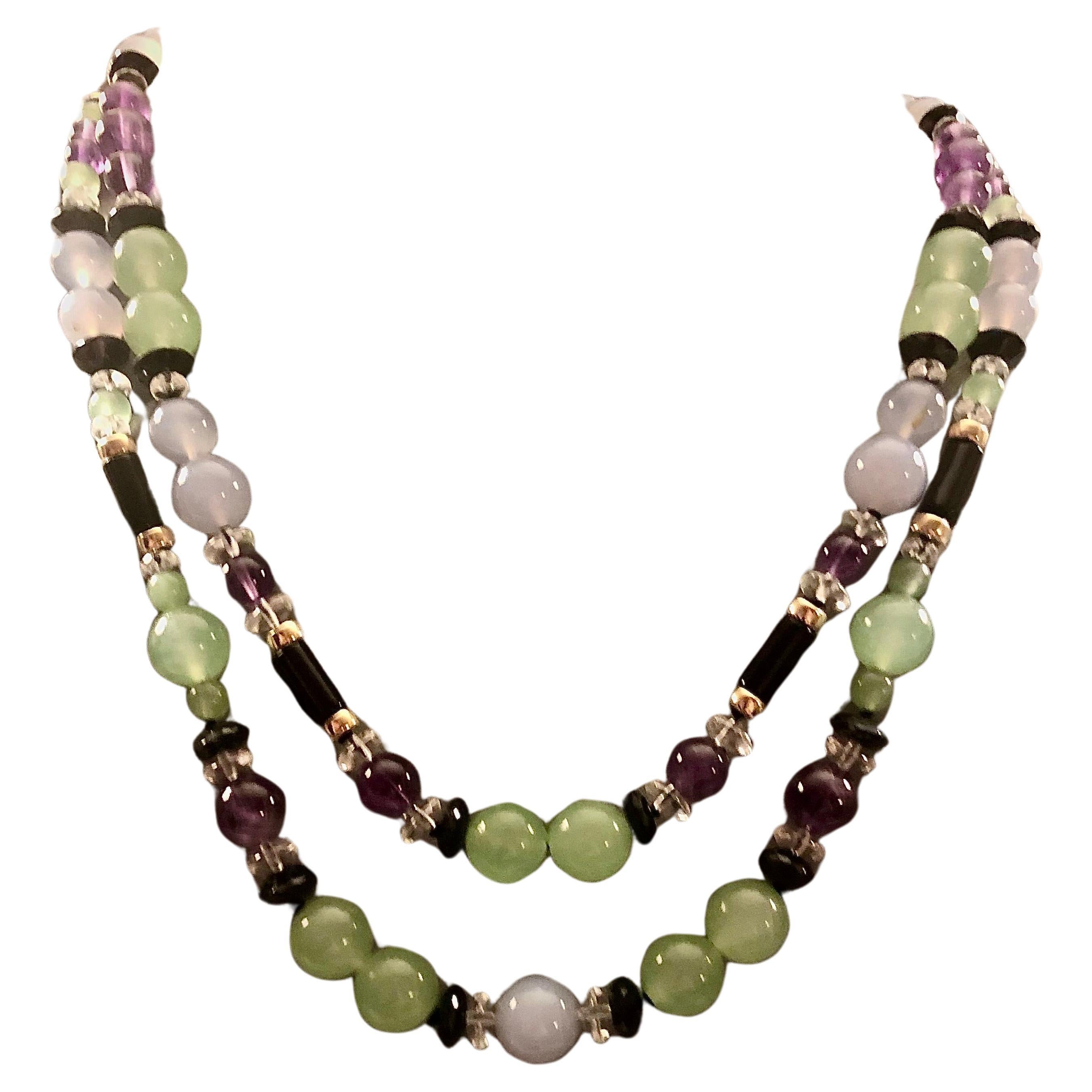 Double strand jade, amethyst, black onyx, blue chalcedony, rock crystal ...