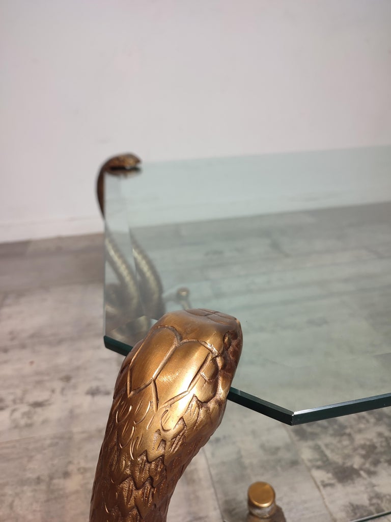 Double Tier Brass Snake Glass Table For Sale at 1stDibs