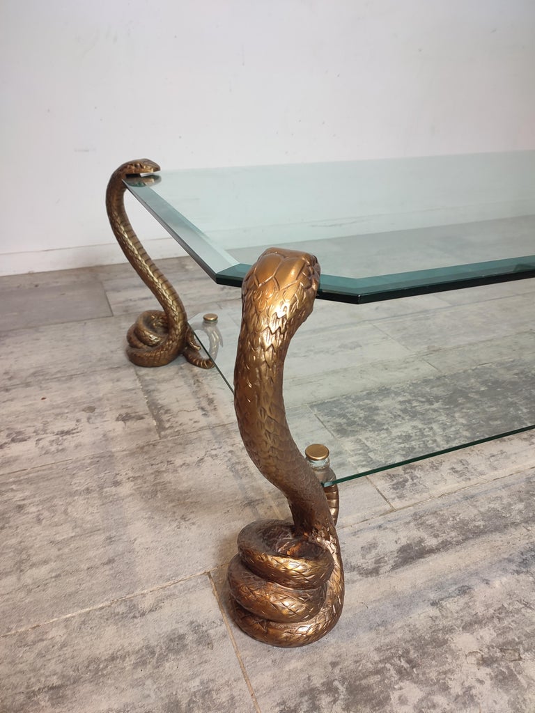 Double Tier Brass Snake Glass Table For Sale at 1stDibs