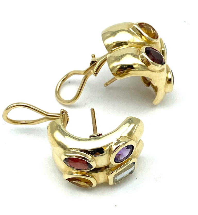 Double Wide Multi Colored Gemstone Earrings 14 Karat Yellow Gold For ...