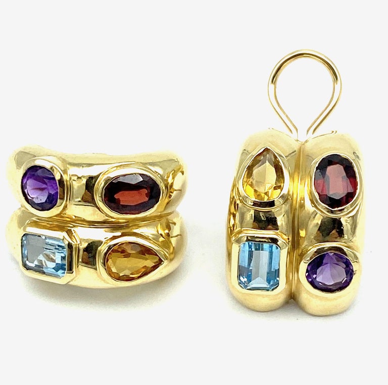 Double Wide Multi Colored Gemstone Earrings 14 Karat Yellow Gold For ...