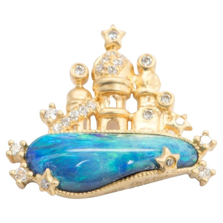 Doublet Australian Opal and Diamond Castle Pendant 18k Gold R4284 For Sale at 1stDibs