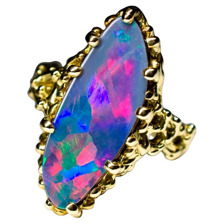 Doublet Opal Gold Ring Polychrome Gem Natural Harlequin Opal Polar ...