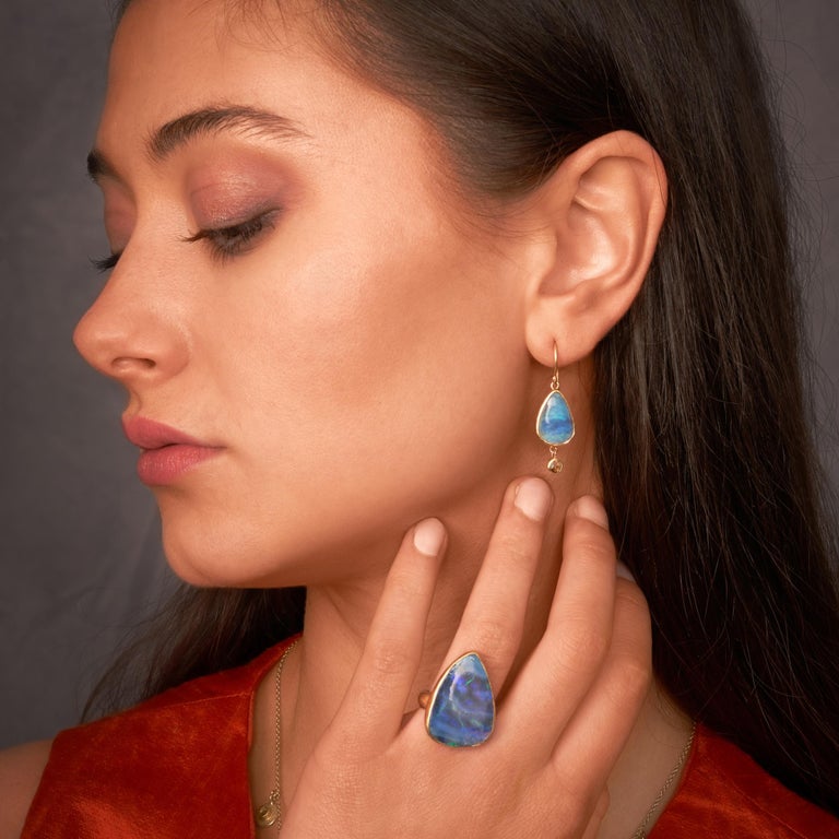 Doublet Opals Earrings Colet Set in 18kt Gold with Dangling Rose-Cut Diamonds For Sale at 1stDibs