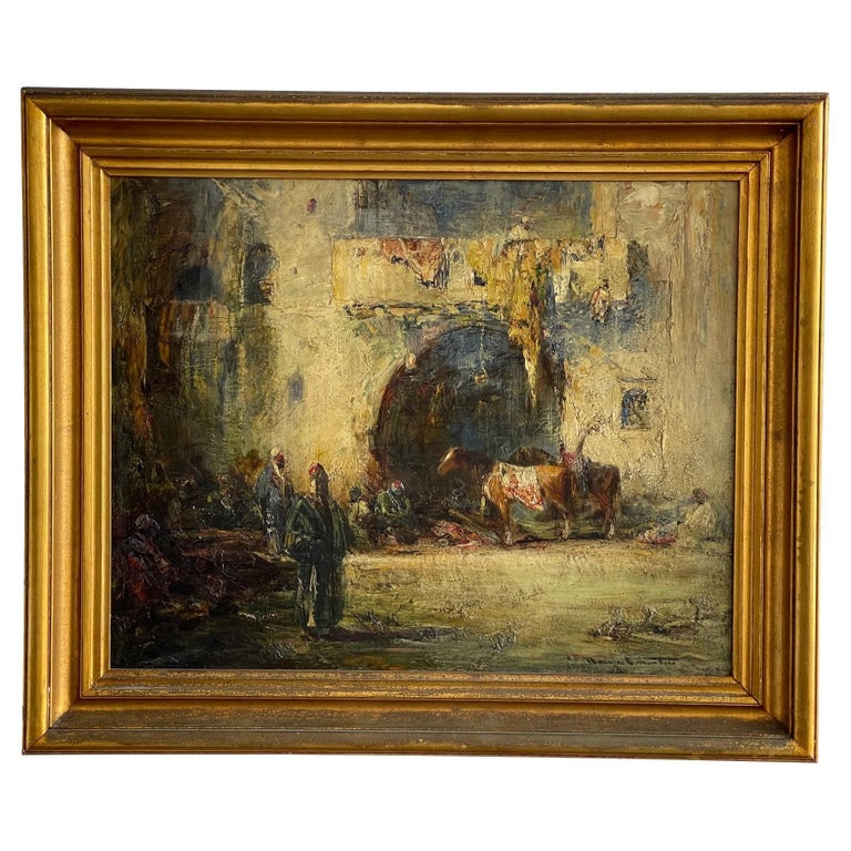 Huile sur toile orientaliste de Douglas Arthur Teed, Scène de marché ...