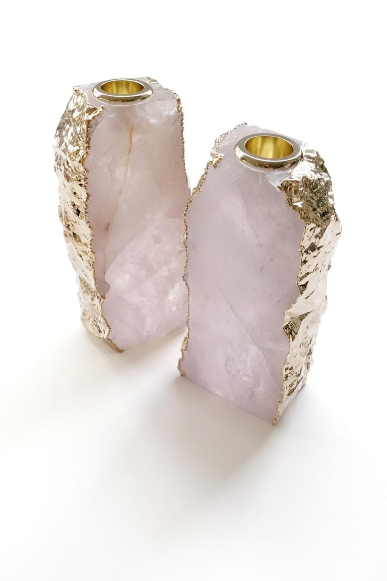 Dourado Candleholders in Rose Quartz and 24-Karat Gold by Anna ...