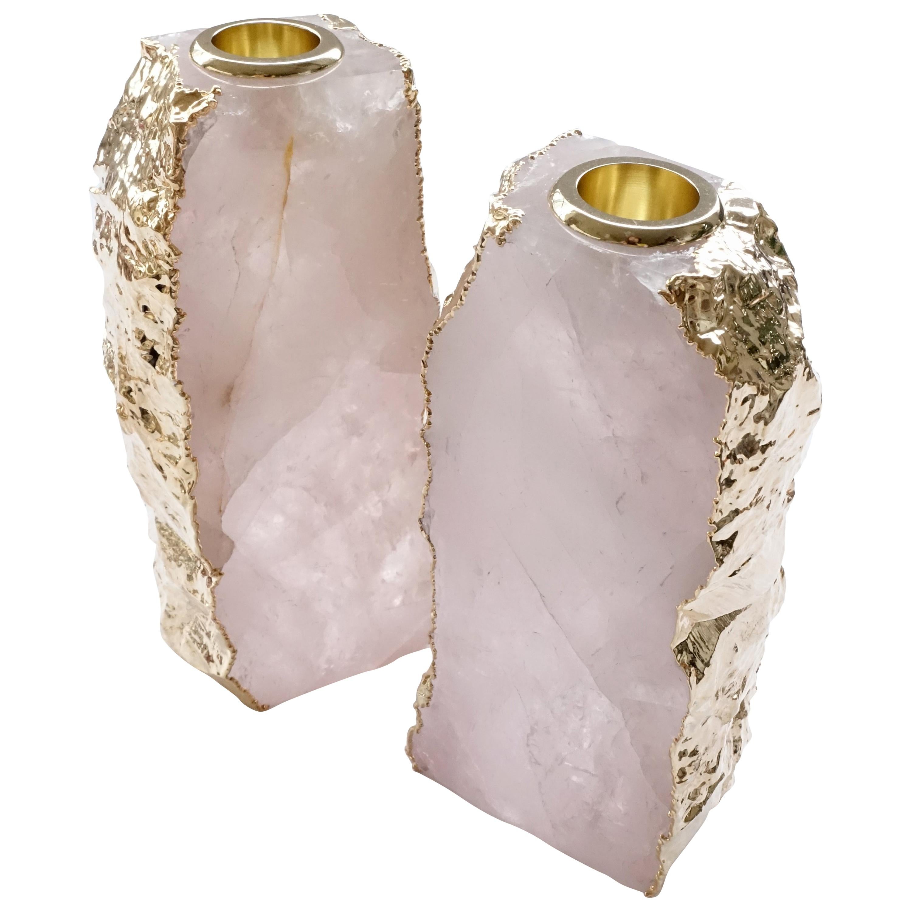 Dourado Candleholders in Rose Quartz and 24-Karat Gold by Anna ...