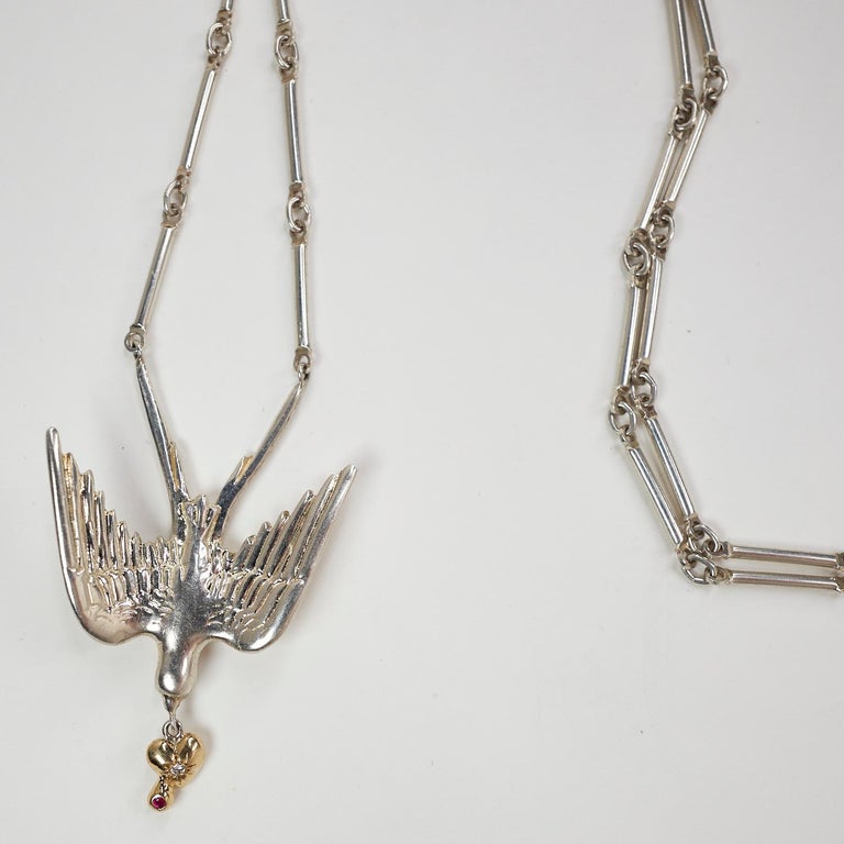 Dove Pendant Chain Necklace White Diamond Ruby Gold Heart Solid ...