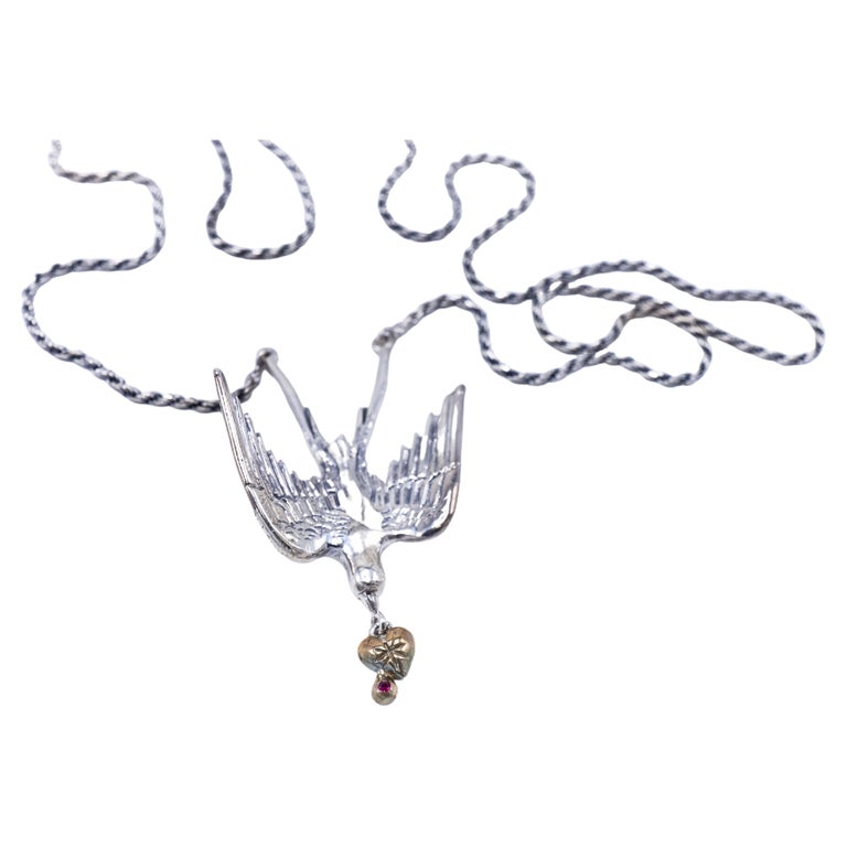 White Diamond Heart Ruby Dove Necklace Silver Gold For Sale at 1stDibs