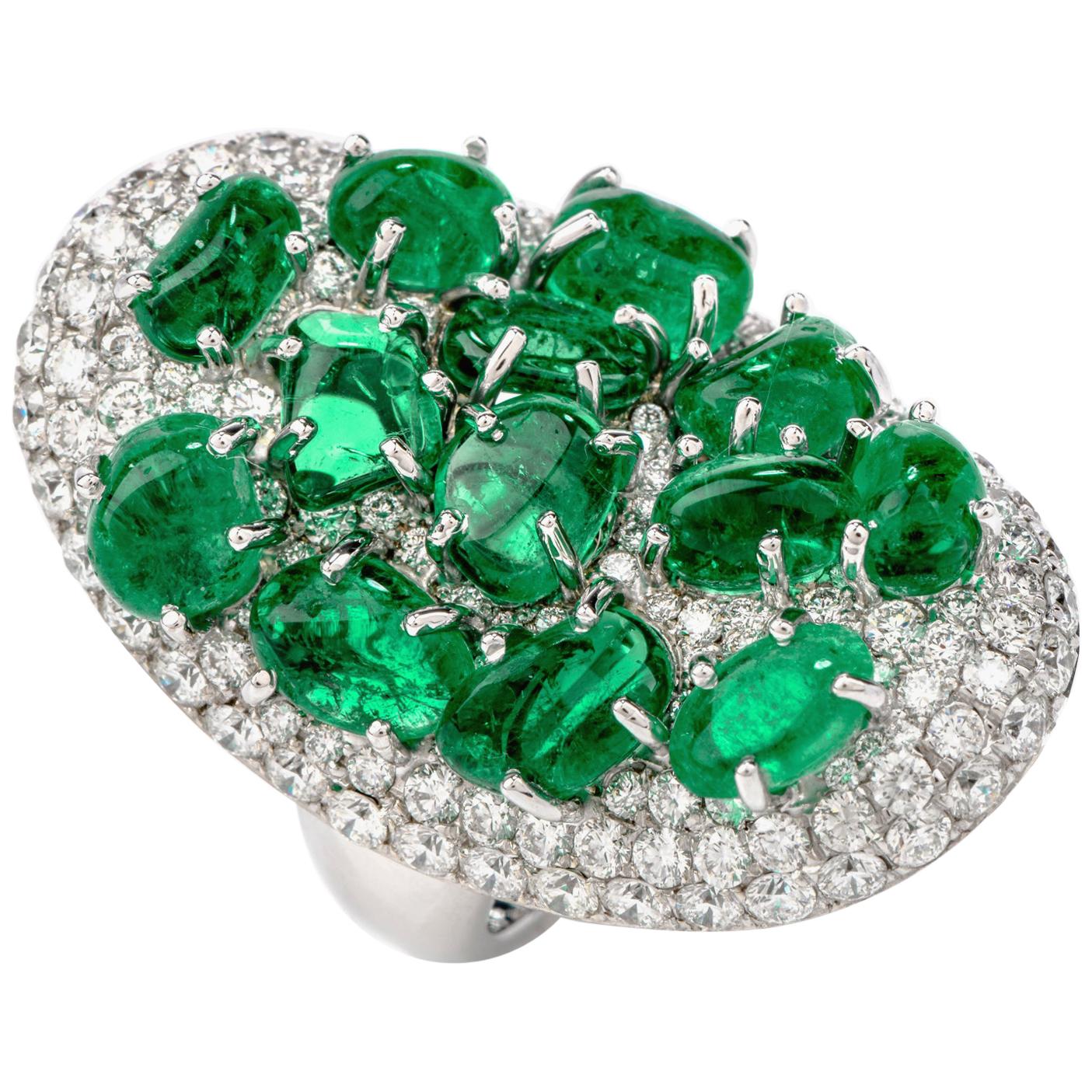 Diamond Colombian Emerald Platinum Cabochon Cluster Ring For Sale at ...