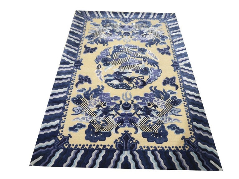 Dragon Rug Wool Silk Style Chinese Imperial Carpet Blue Beige ...