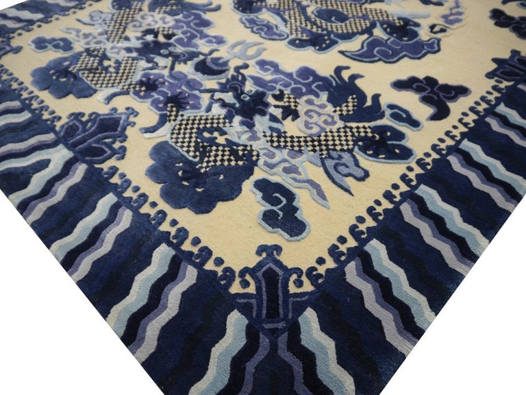 Dragon Rug Wool Silk Style Chinese Imperial Carpet Blue Beige ...