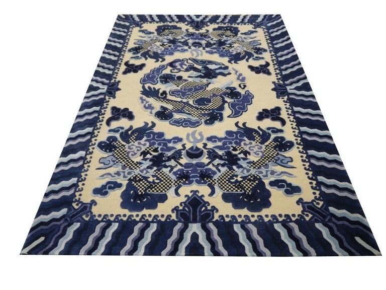 Dragon Rug Wool Silk Style Chinese Imperial Carpet Blue Beige ...