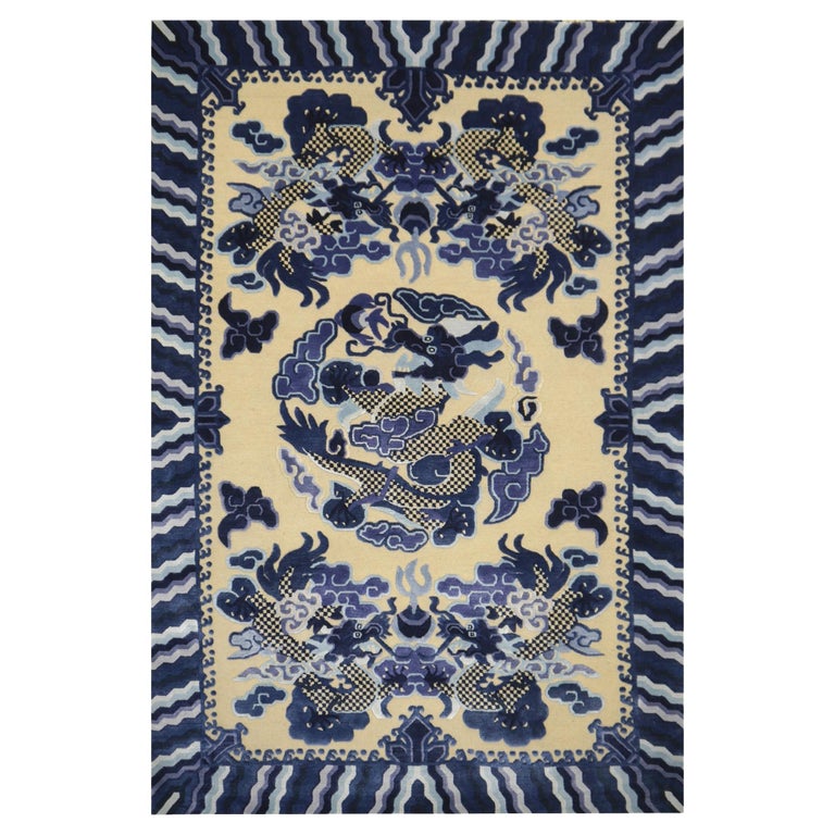 Dragon Rug Wool Silk Style Chinese Imperial Carpet Blue Beige ...