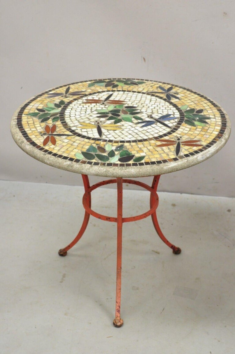 Dragonfly Mosaic Tile Round Stone Top Iron Base Patio Side Tables, Pair ...