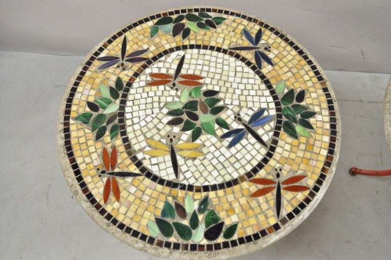 Dragonfly Mosaic Tile Round Stone Top Iron Base Patio Side Tables, Pair ...