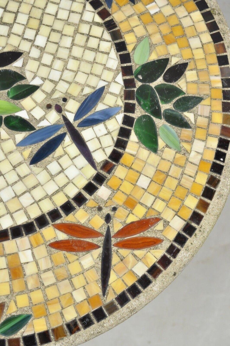 Dragonfly Mosaic Tile Round Stone Top Iron Base Patio Side Tables, Pair ...
