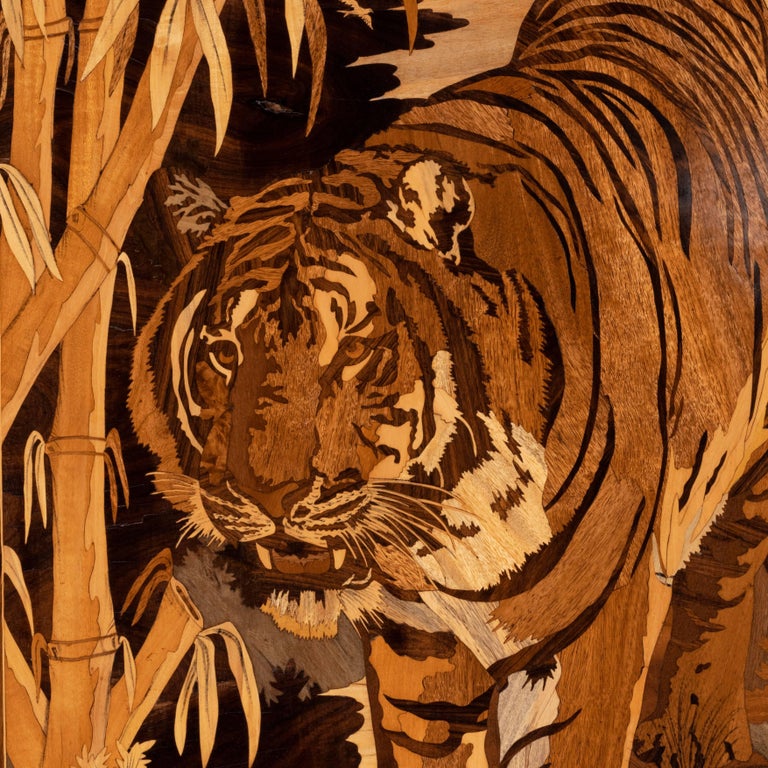 Dramatic Art Deco Period Intarsia Wood Panel of a Tiger at 1stDibs