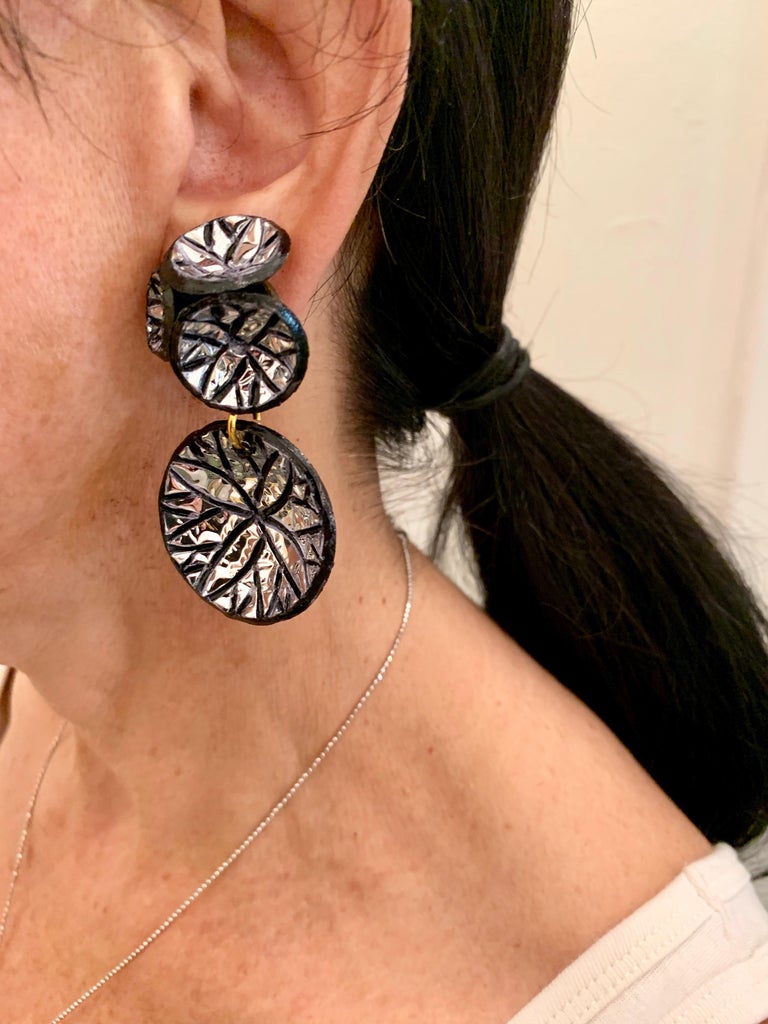 Dramatic Contemporary Black Metallic Silver Disk Statement Earrings at ...
