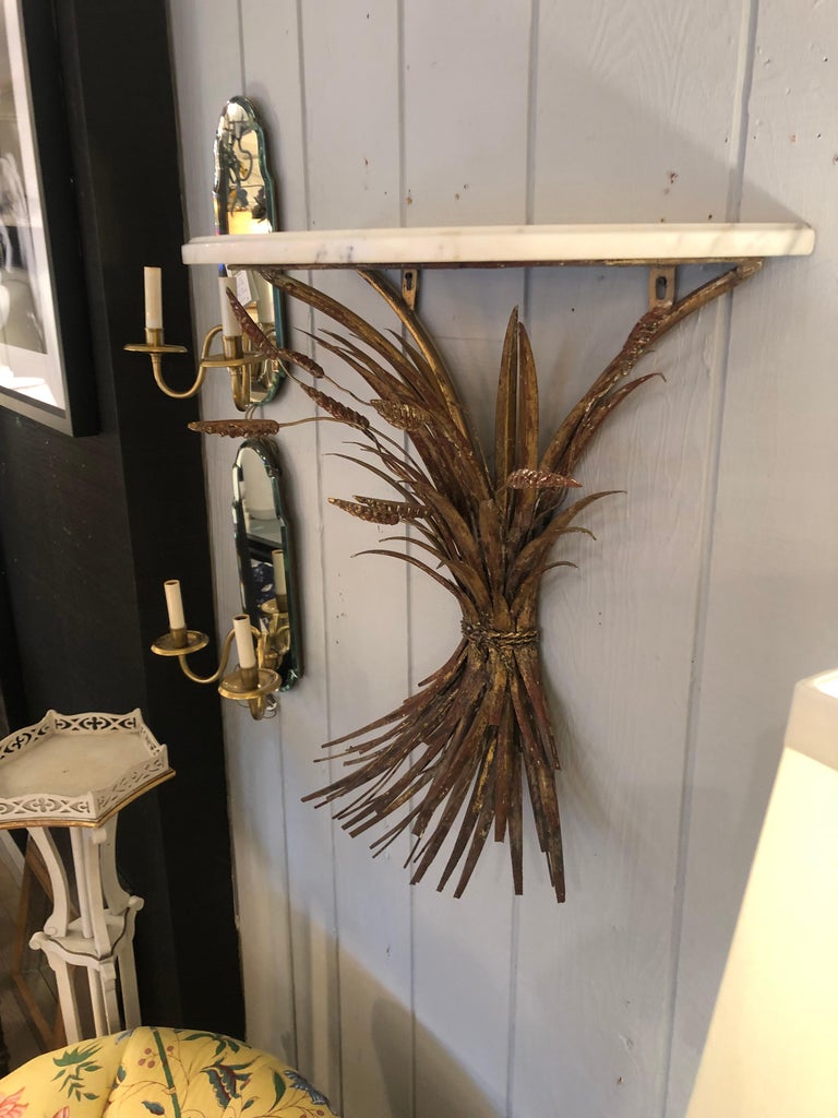 Dramatic Floating Italian Gilt Metal and Marble Pair of Demilune Side ...