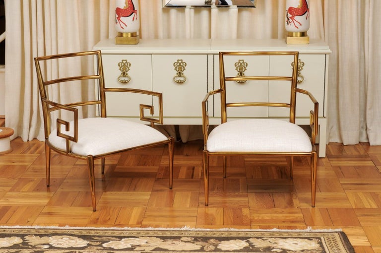 Dramatic Restored Pair of Brass Greek Key Armchairs For Sale at 1stDibs