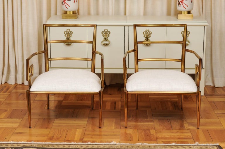 Dramatic Restored Pair of Brass Greek Key Armchairs For Sale at 1stDibs