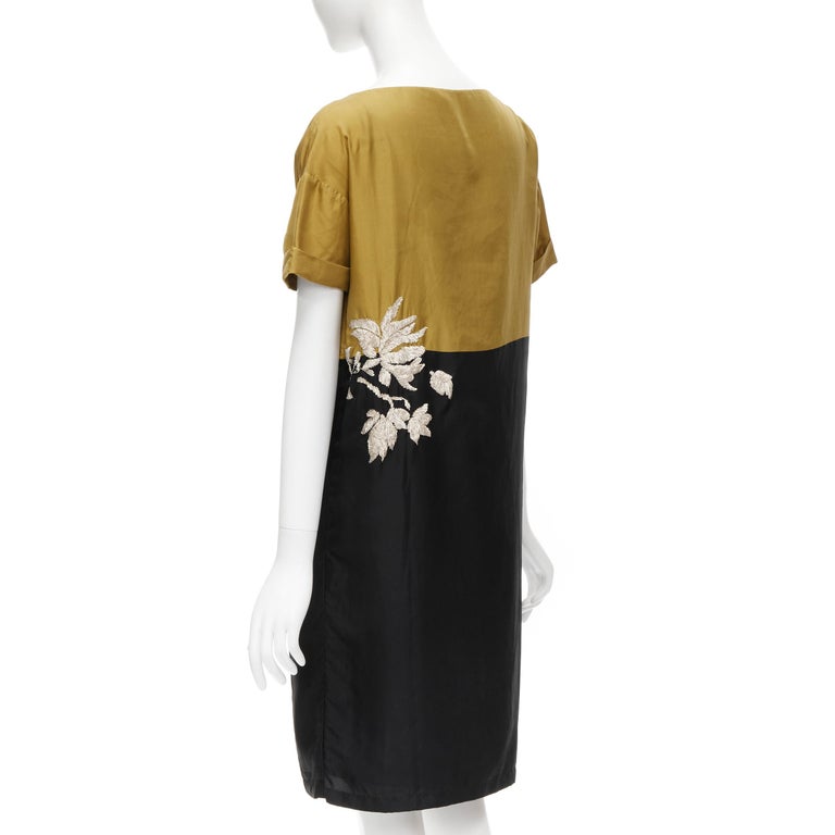 DRIES VAN NOTEN gold black silk gold floral embroidery shift dress FR38 ...