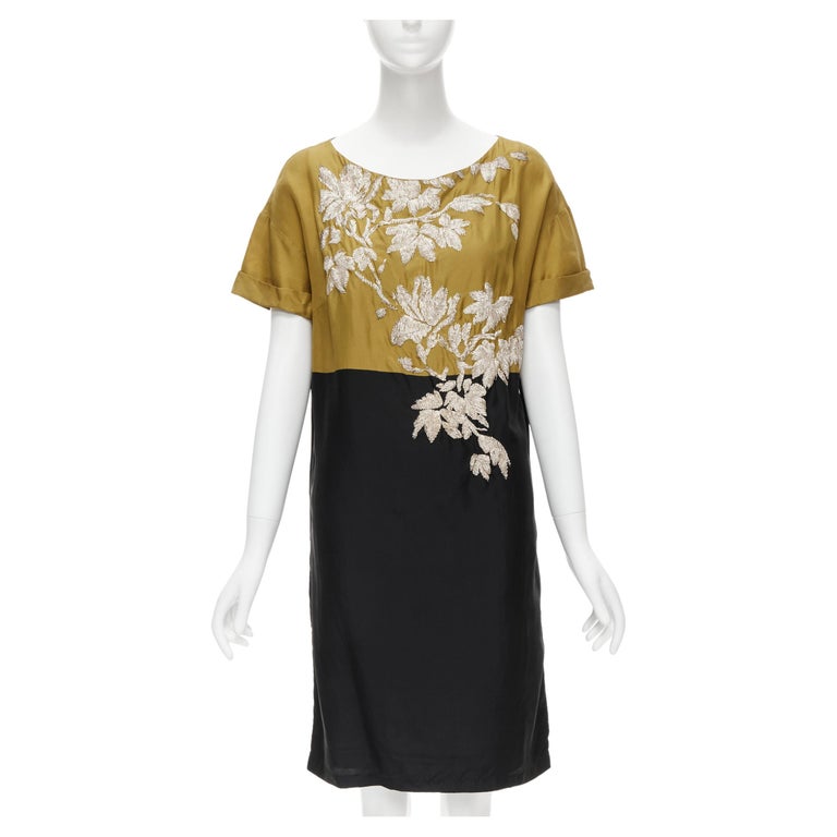 DRIES VAN NOTEN gold black silk gold floral embroidery shift dress FR38 ...